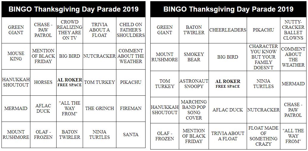 Macy's Thanksgiving Day Parade Bingo 2019 - Music City Moms