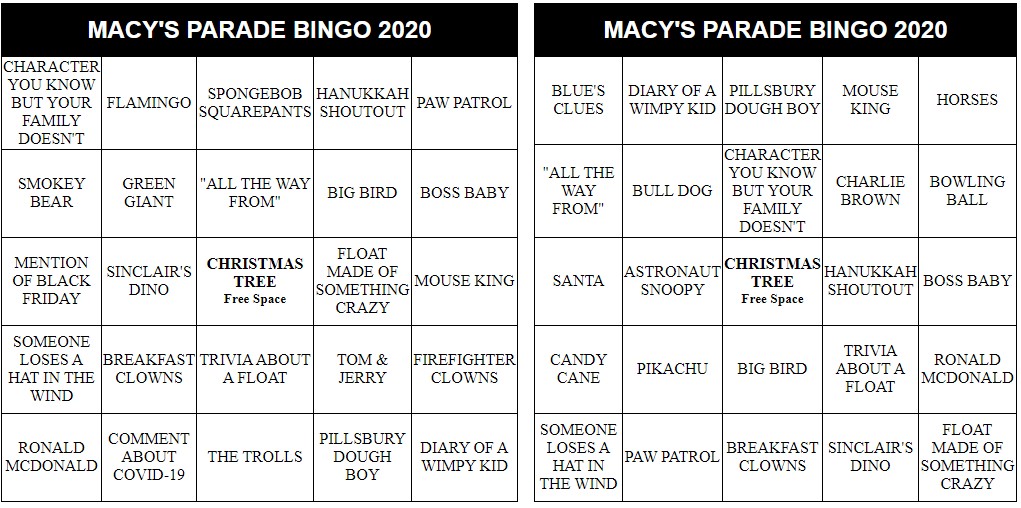 Macy's Thanksgiving Parade Bingo 2020 - Music City Moms